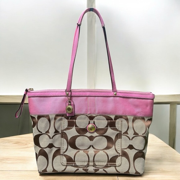 Coach | Bags | Coach Signature Stripe Mono Pink And Brown Canvas ...